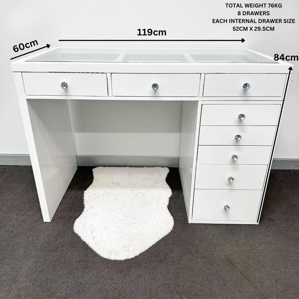 SALE! HIGH END/FULLY ASSEMBLED. 8 DRAWER VANITY TABLE - GLASS TOP - OP ...